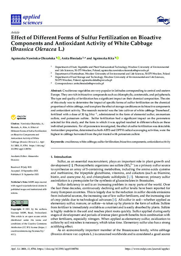 (PDF) Effect of Different Forms of Sulfur Fertilization on Bioactive Components and Antioxidant ...