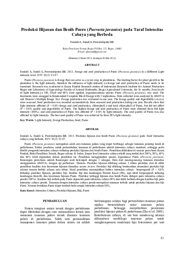 (PDF) Forage and seed production of Puero (Pueraria javanica) in a ...