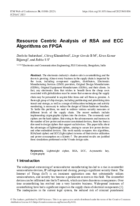 (PDF) Resource Centric Analysis of RSA and ECC Algorithms on FPGA