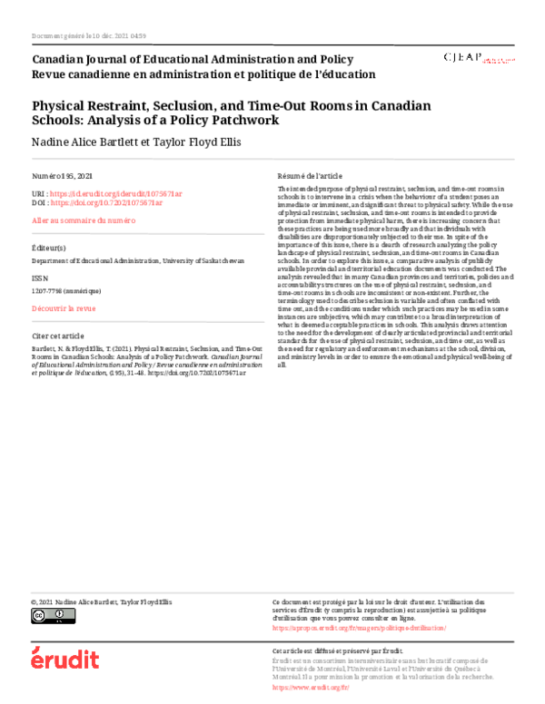 (PDF) Physical Restraint, Seclusion, and Time-Out Rooms in Canadian ...