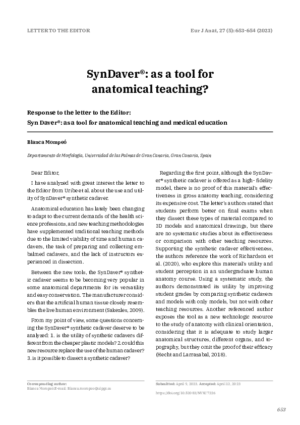 (PDF) SynDaver®: as a tool for anatomical teaching?