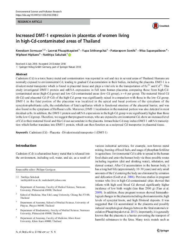 (PDF) Increased DMT-1 expression in placentas of women living in high-Cd-contaminated areas of ...