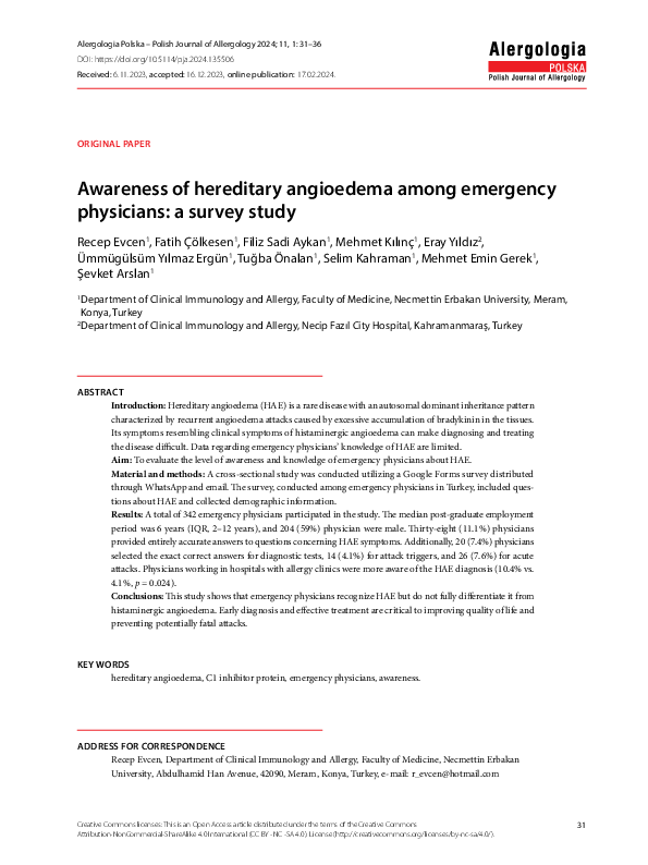 (PDF) Awareness of hereditary angioedema among emergency physicians: a ...
