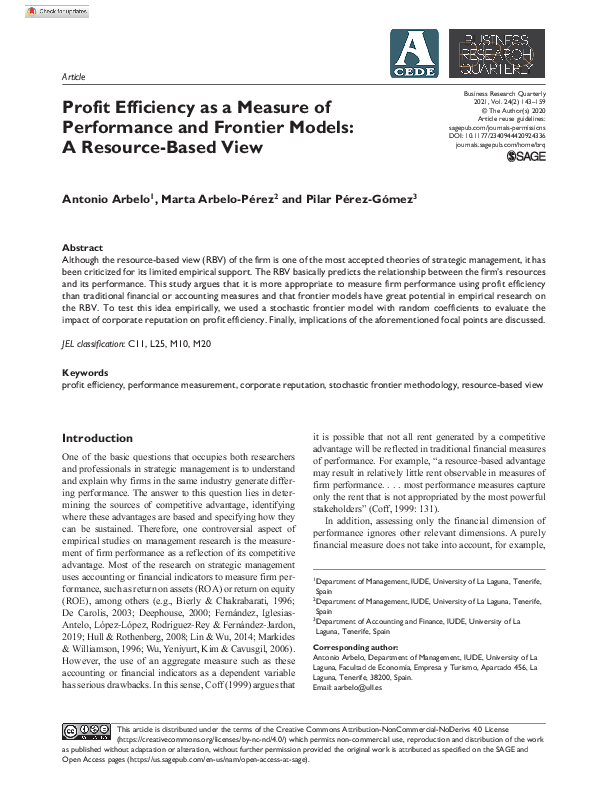 (PDF) Profit Efficiency as a Measure of Performance and Frontier Models ...
