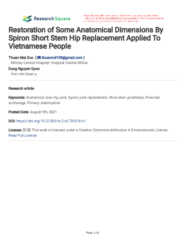(PDF) Restoration of Some Anatomical Dimensions By Spiron Short Stem ...