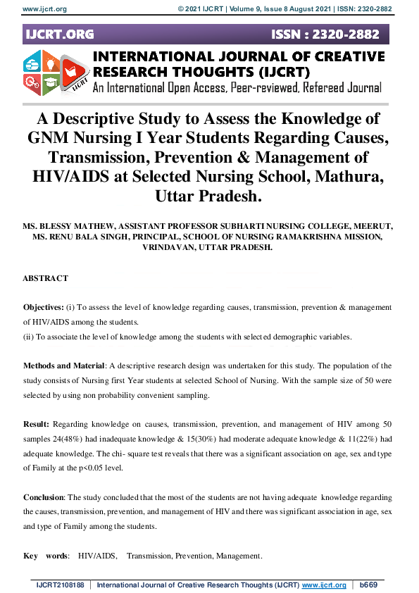 (PDF) A Descriptive Study to Assess the Knowledge of GNM Nursing I Year ...