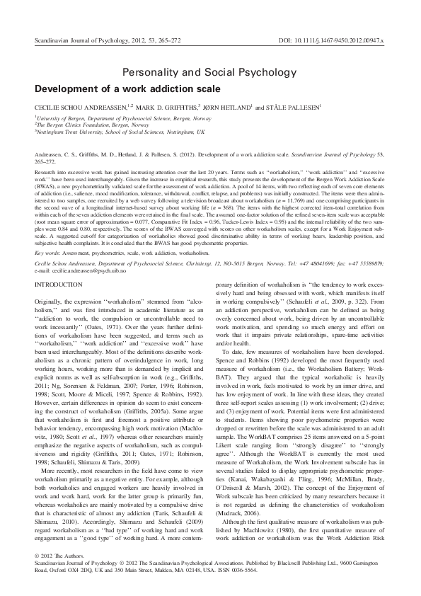 (PDF) Personality and Social Psychology Development of a work addiction ...