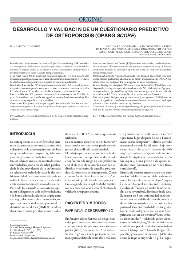 (PDF) Desarrollo y validaci n de un cuestionario predictivo de osteoporosis (OPARG score)