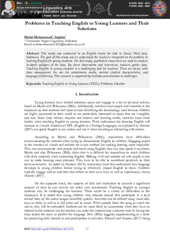 (PDF) Problems in Teaching English to Young Learners and Their Solutions