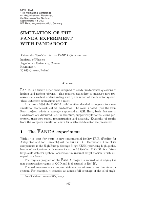 (PDF) Simulation of the Panda Experiment with Pandaroot