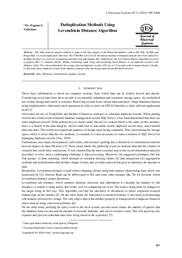 (PDF) Deduplication Methods Using Levenshtein Distance Algorithm