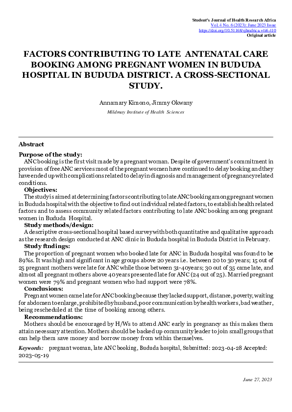 (PDF) Factors Contributing to Late Antenatal Care Booking Among ...