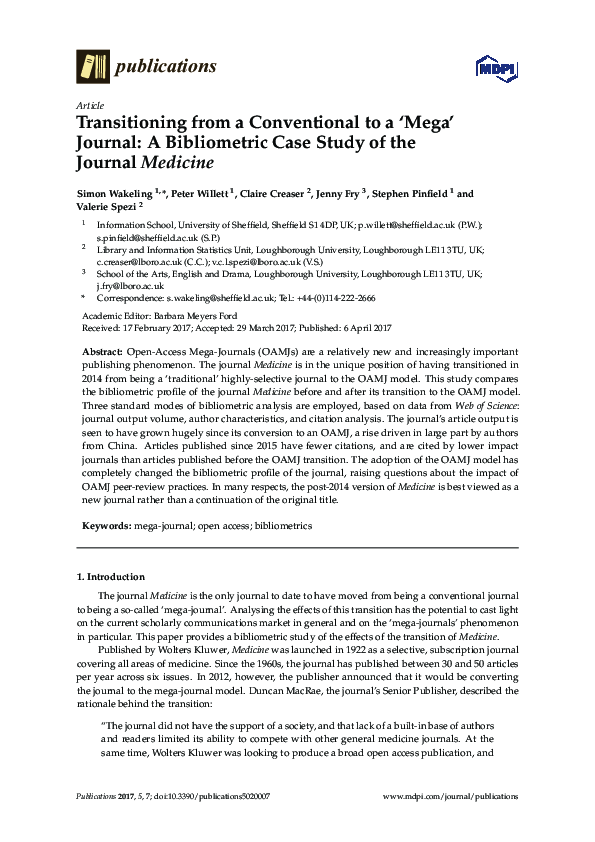 (PDF) Transitioning from a Conventional to a ‘Mega’ Journal: A Bibliometric Case Study of the ...