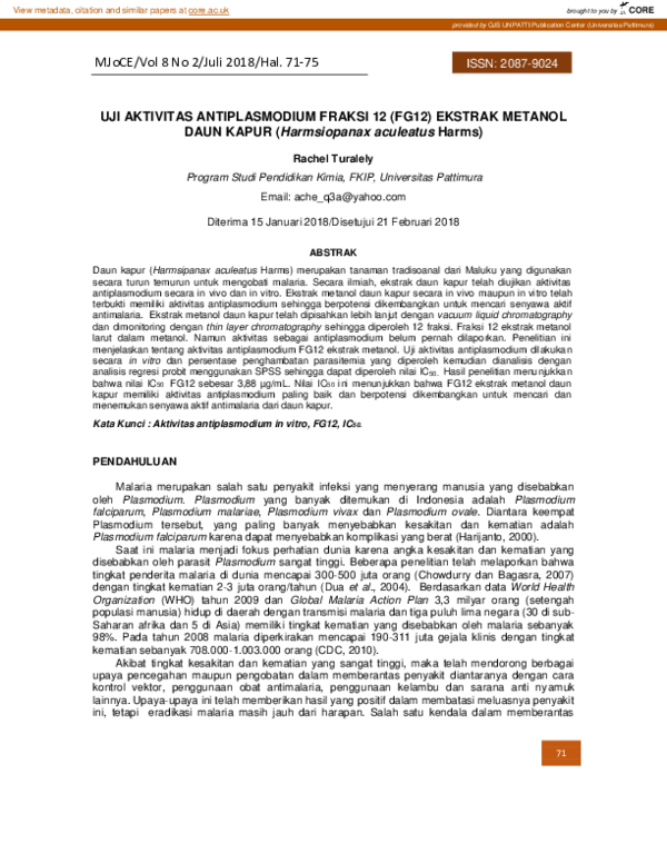 (PDF) UJI AKTIVITAS ANTIPLASMODIUM FRAKSI 12 (FG12) EKSTRAK METANOL DAUN KAPUR (Harmsiopanax ...