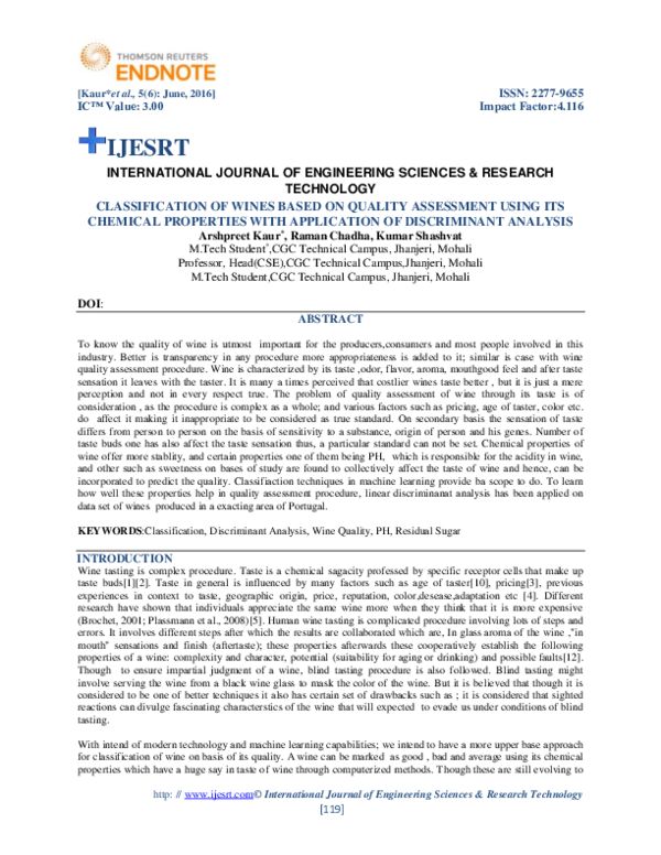 (PDF) Classification of Wines Based on Quality Assessment Using Its Chemical Properties with ...