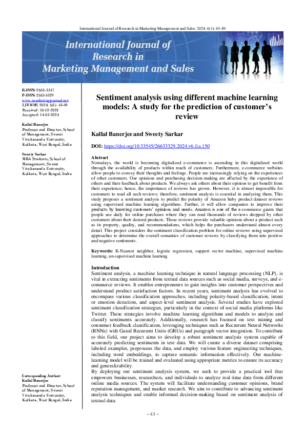 (PDF) Sentiment analysis using different machine learning models: A study for the prediction of ...