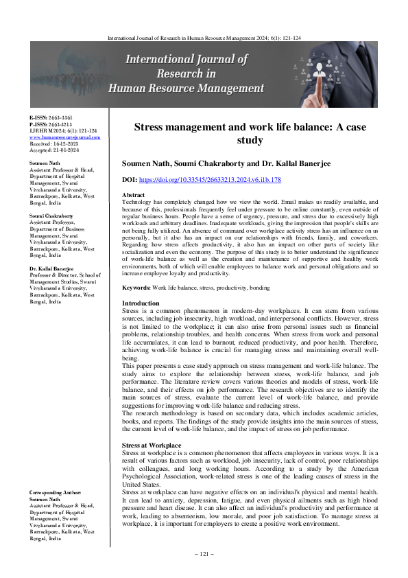 (PDF) Stress management and work life balance: A case study