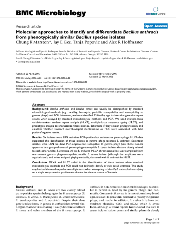 Pdf Molecular Approaches To Identify And Differentiate Bacillus Anthracis From Phenotypically