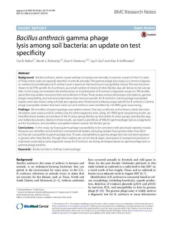 (PDF) Bacillus anthracis gamma phage lysis among soil bacteria: an ...