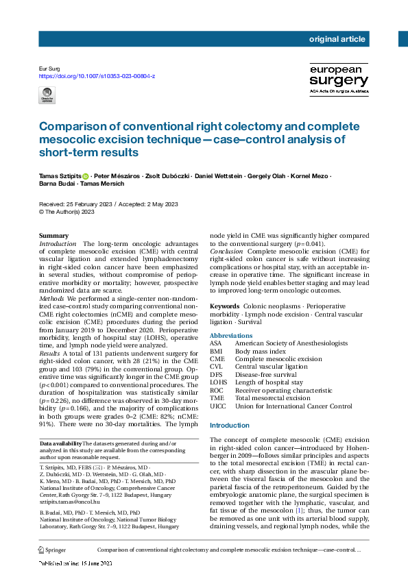 (PDF) Comparison of conventional right colectomy and complete mesocolic excision technique—case ...