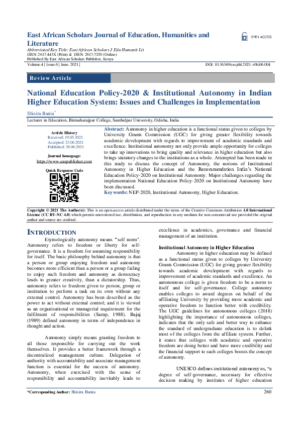 (PDF) National Education Policy-2020 & Institutional Autonomy in Indian ...