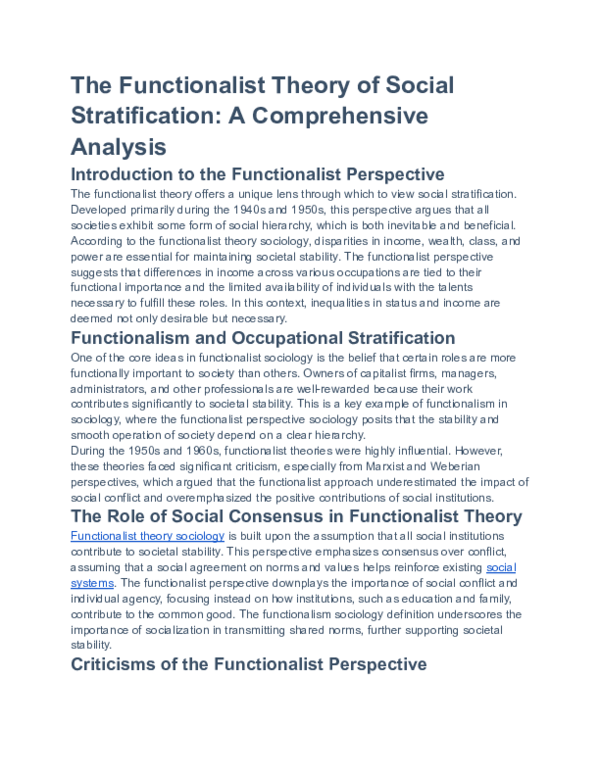 (PDF) The Functionalist Theory of Social Stratification A Comprehensive ...