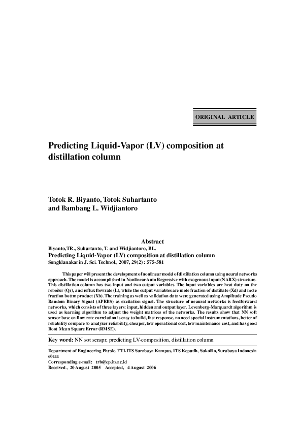 (PDF) Predicting Liquid-Vapor (LV) composition at distillation column