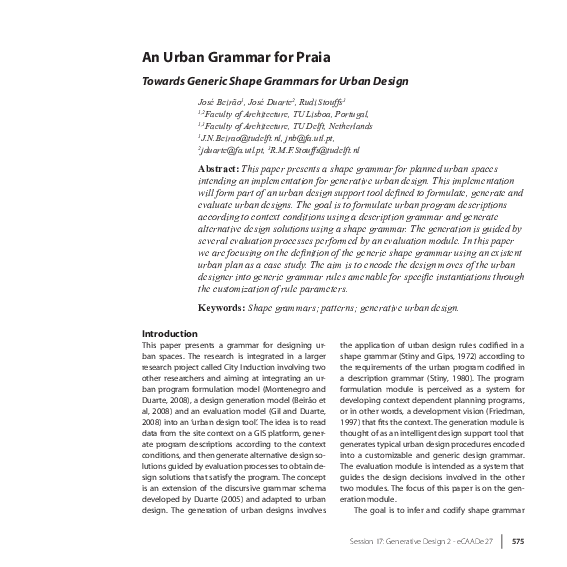 (PDF) An Urban Grammar for Praia: Towards Generic Shape Grammars for Urban Design