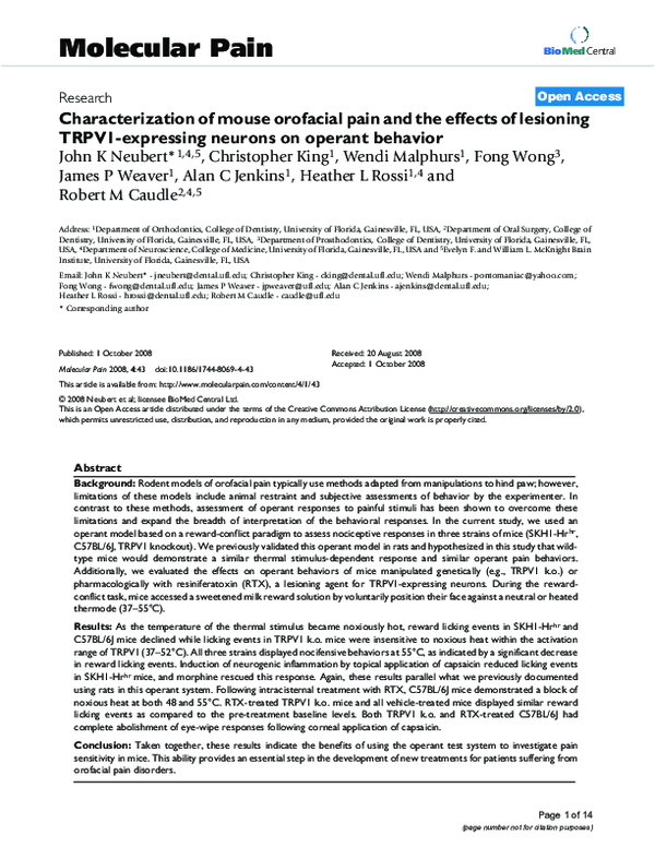 (PDF) Characterization of Mouse Orofacial Pain and the Effects of ...
