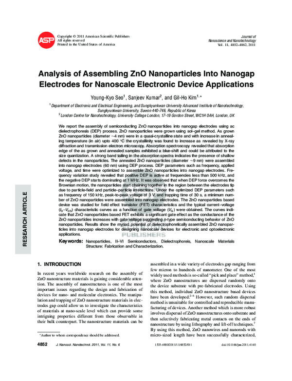 (PDF) Analysis of Assembling ZnO Nanoparticles Into Nanogap Electrodes ...