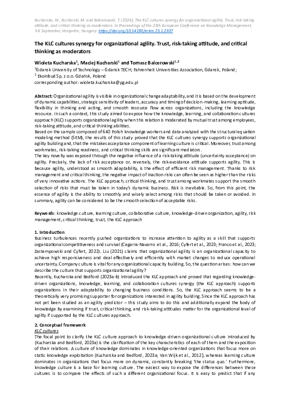 (PDF) The KLC cultures synergy for organizational agility. Trust, risk ...