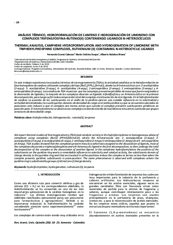 (PDF) Análisis Térmico, Hidroformilación De Canfeno e Hidrogenación De ...