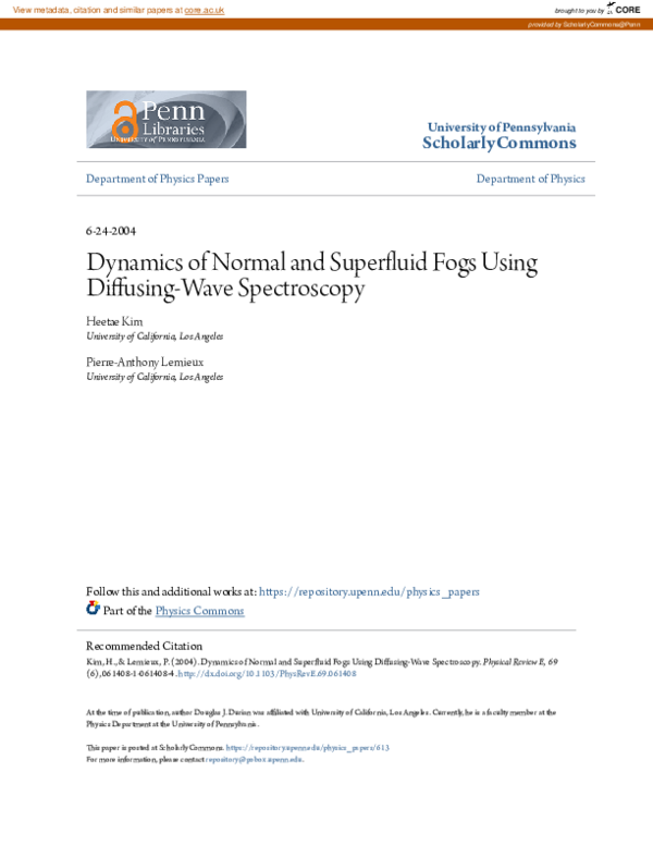(PDF) Dynamics of normal and superfluid fogs using diffusing-wave spectroscopy