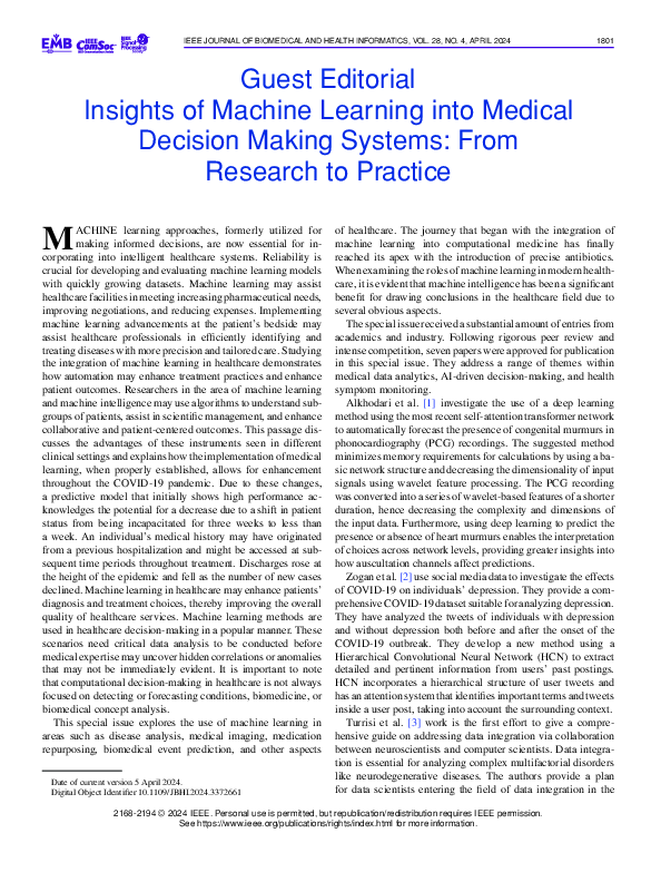 (PDF) Guest Editorial Insights of Machine Learning into Medical ...
