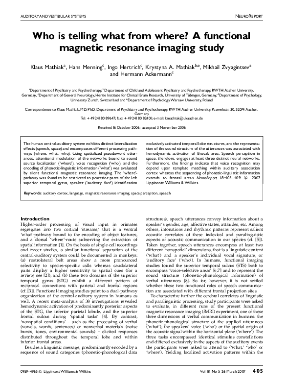 (PDF) Who is telling what from where? A functional magnetic resonance imaging study
