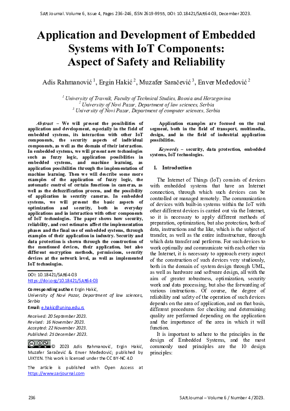 (PDF) Application and Development of Embedded Systems with IoT Components: Aspect of Safety and ...