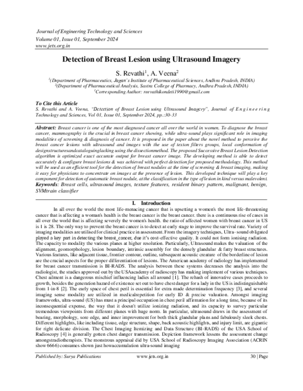 (PDF) Detection of Breast Lesion using Ultrasound Imagery