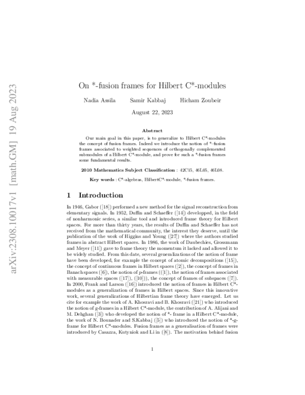 (PDF) On *-fusion frames for Hilbert C*-modules
