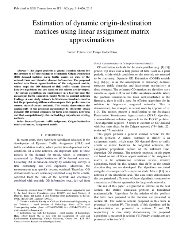 (PDF) Estimation of Dynamic Origin–Destination Matrices Using Linear Assignment Matrix ...
