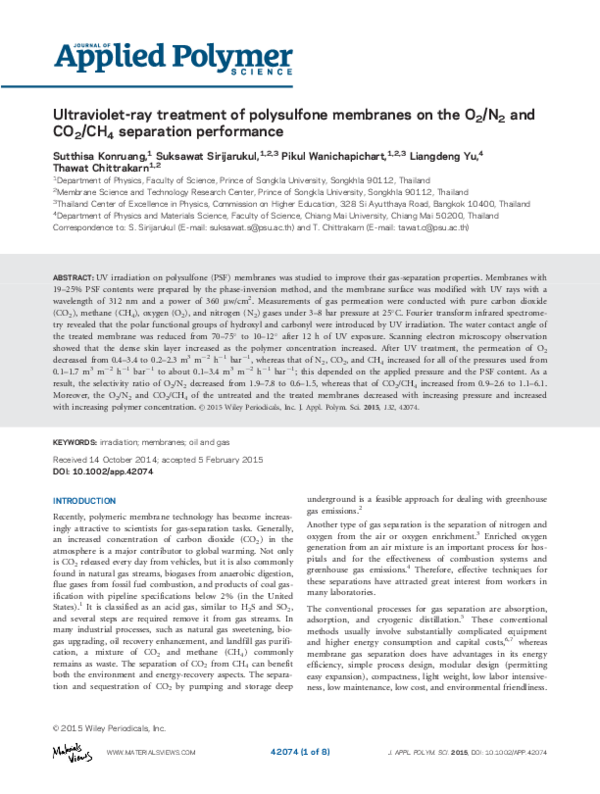 (PDF) Ultraviolet-ray treatment of polysulfone membranes on the O2/N2and CO2/CH4separation ...