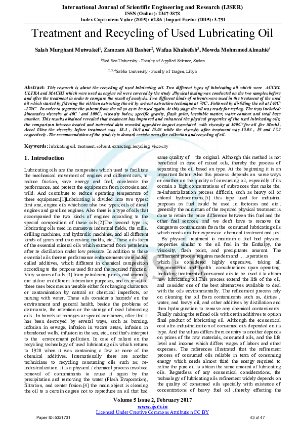 (PDF) Treatment and Recycling of Used Lubricating Oil