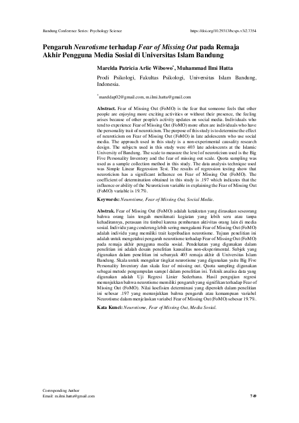 (PDF) Pengaruh Neurotisme terhadap Fear of Missing Out pada Remaja ...