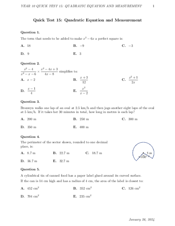 (PDF) Quick Test 15: Quadratic Equation and Measurement