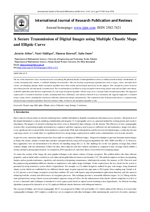 (PDF) A Secure Transmission of Digital Images using Multiple Chaotic Maps and Elliptic Curve