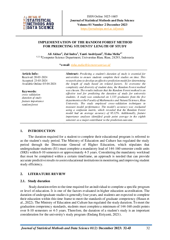 (PDF) Implementation of the Random Forest Method for Predicting Students’ Length of Study