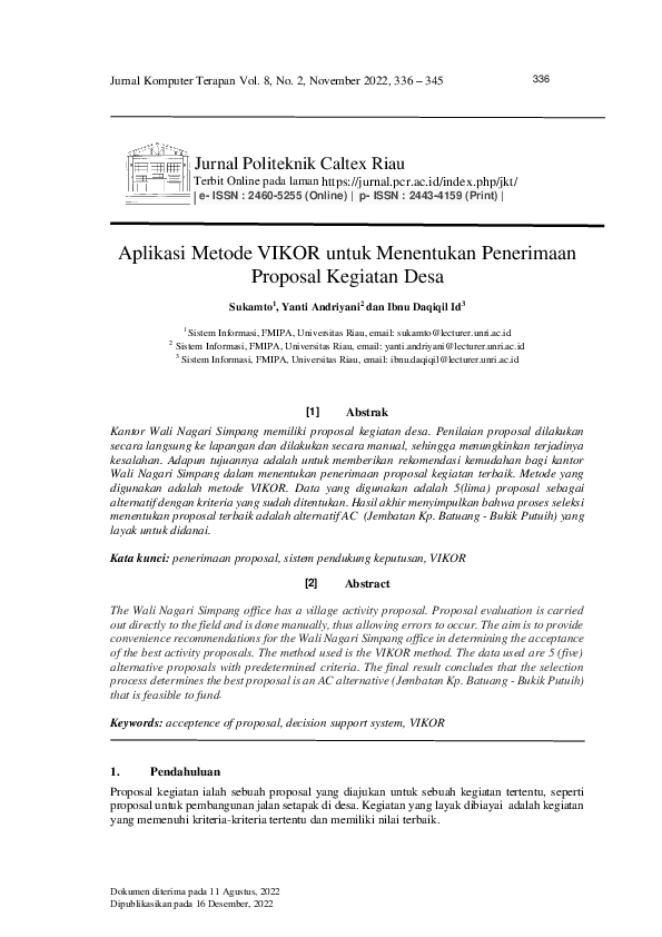 (PDF) Aplikasi Metode VIKOR untuk Menentukan Penerimaan Proposal Kegiatan Desa
