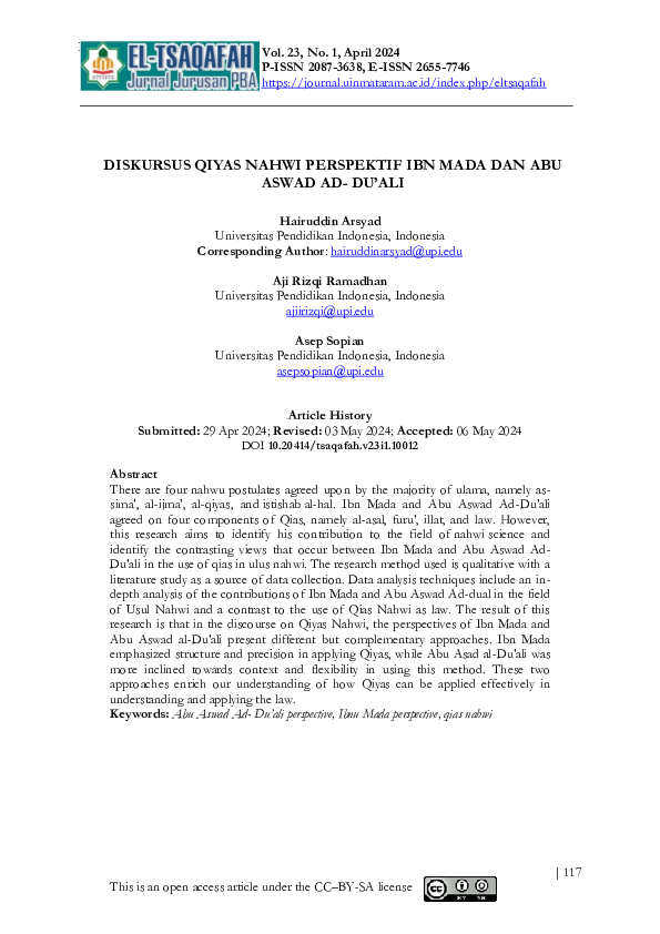 (PDF) Diskursus Qiyas Nahwi Perspektif Ibn Mada Dan Abu Aswad Ad- Du’Ali