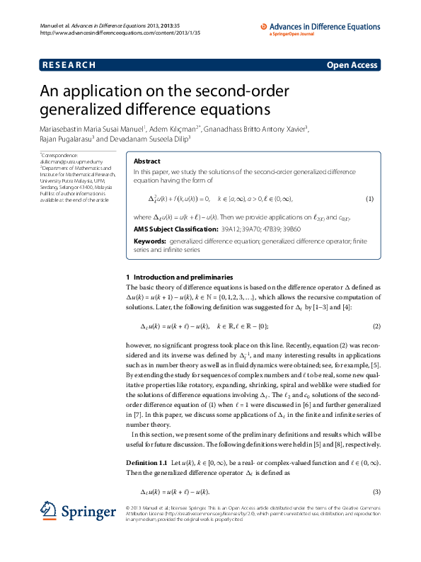 (PDF) An application on the second-order generalized difference equations