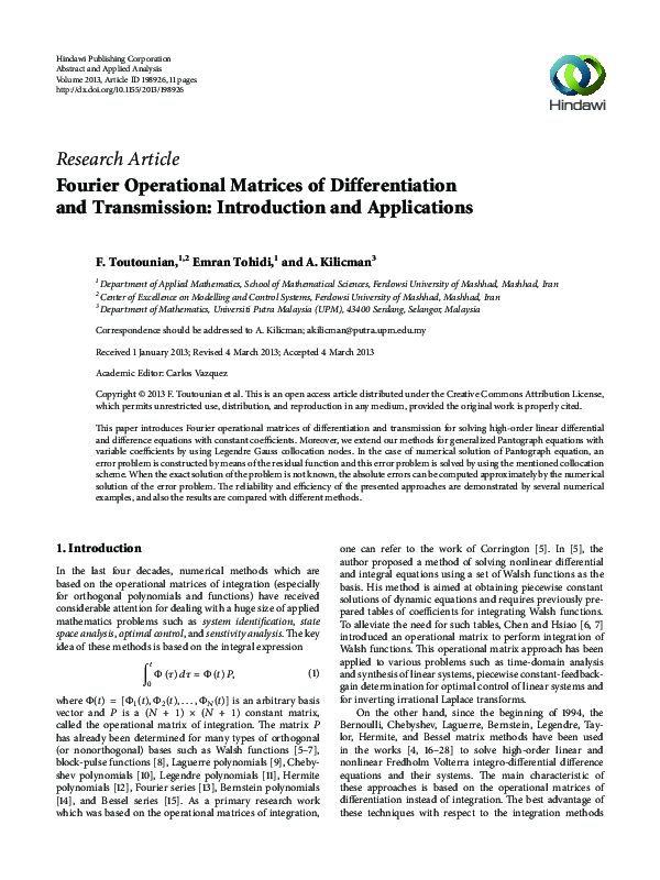 (PDF) Fourier Operational Matrices of Differentiation and Transmission: Introduction and ...