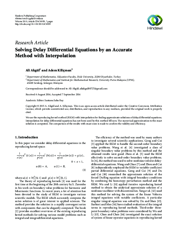 (PDF) Solving Delay Differential Equations by an Accurate Method with Interpolation